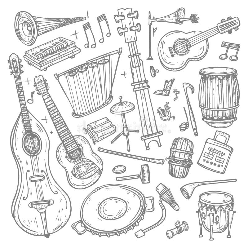 Hand-Drawn Sketch of Various Musical Instruments: Guitars, Drums, and ...