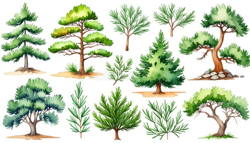 Collection of Hand-drawn Pine and Evergreen Trees in Watercolor Style ...