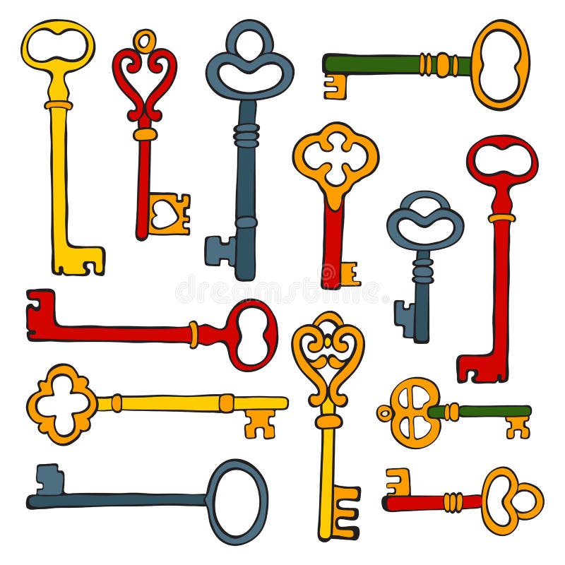 Collection of Hand Drawn Retro Keys Stock Vector - Illustration of ...