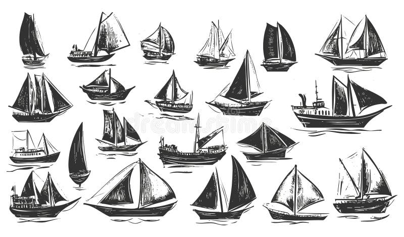 Collection of Hand-drawn Sailboats and Ships in Black and White. Stock ...