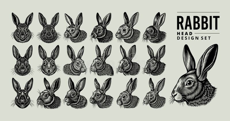 Collection of Hand Drawn Side View Rabbit Head Design Vector Stock ...