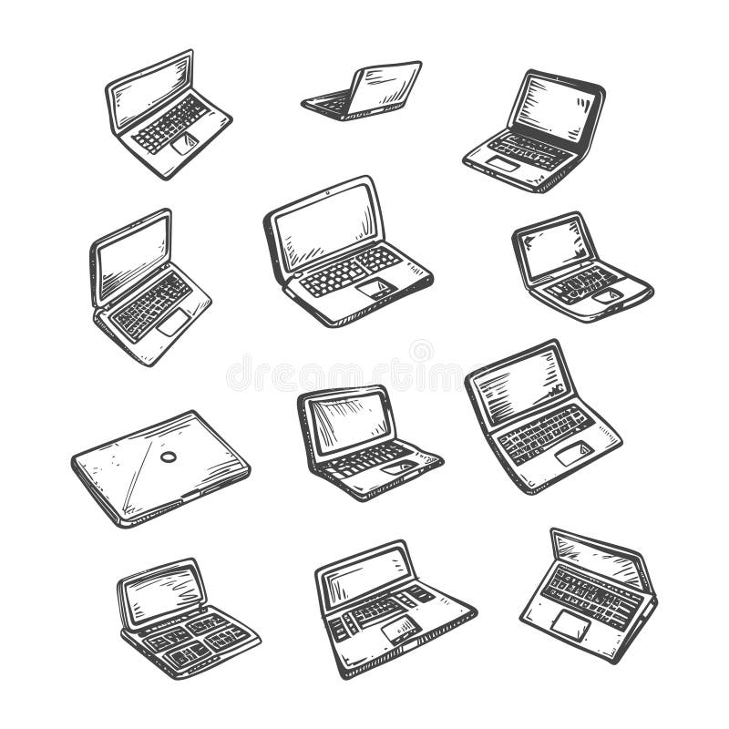 Collection of Hand-Drawn Laptop Sketches: Various Angles and Views ...