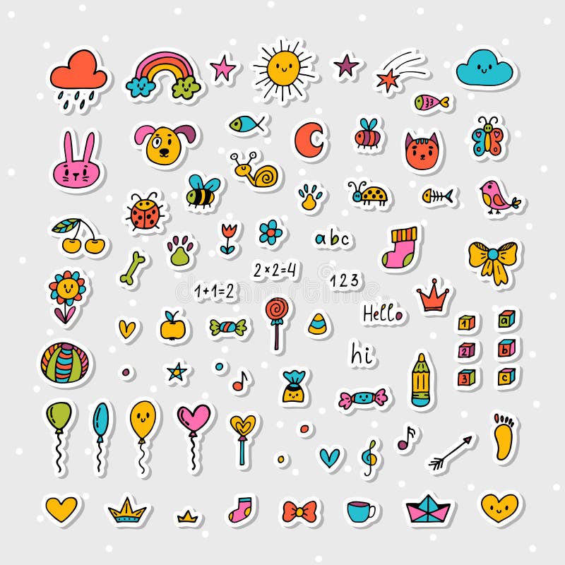 Collection Of Hand Drawn Stickers Set Of Doodle Design Elements Cute