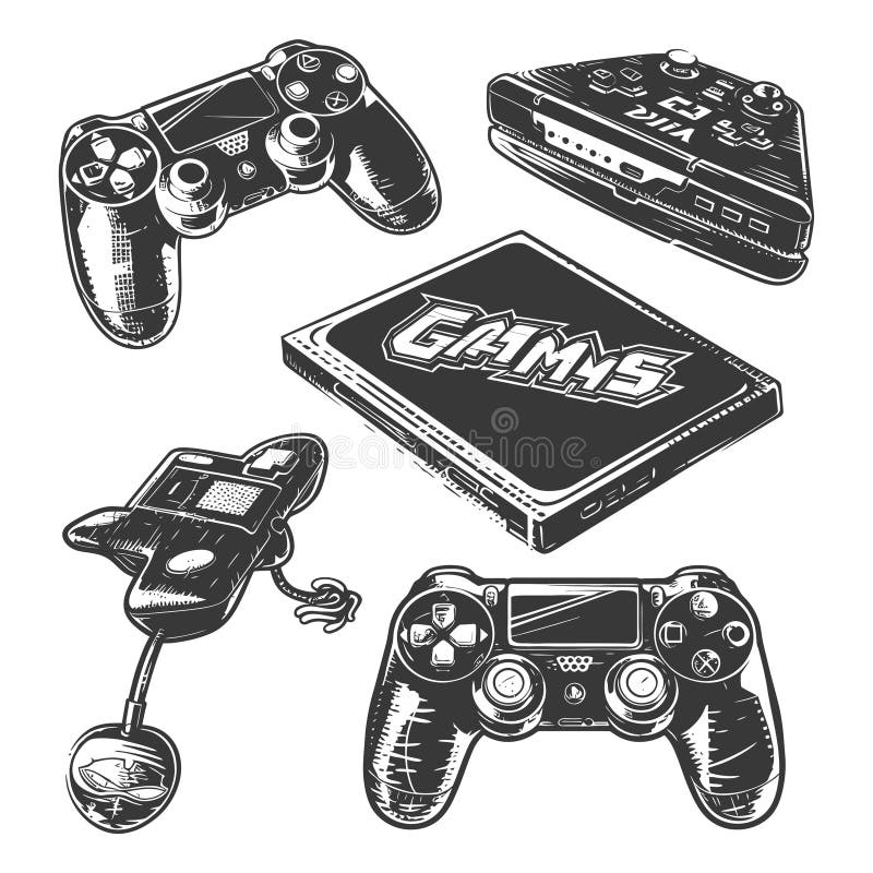 Collection of Vintage Game Controllers and Consoles Hand-Drawn ...