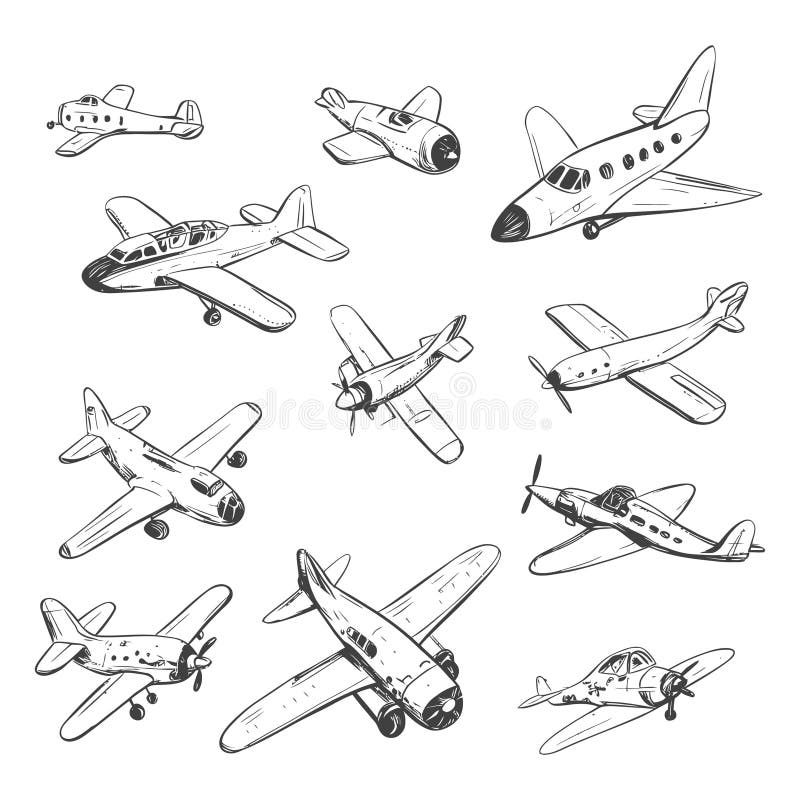 Collection of Vintage Airplane Sketches, Hand-Drawn Aviation ...