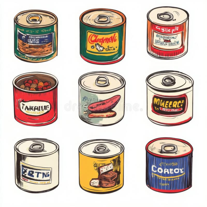 Collection of Hand-Drawn Vintage Canned Goods Illustrations Stock ...
