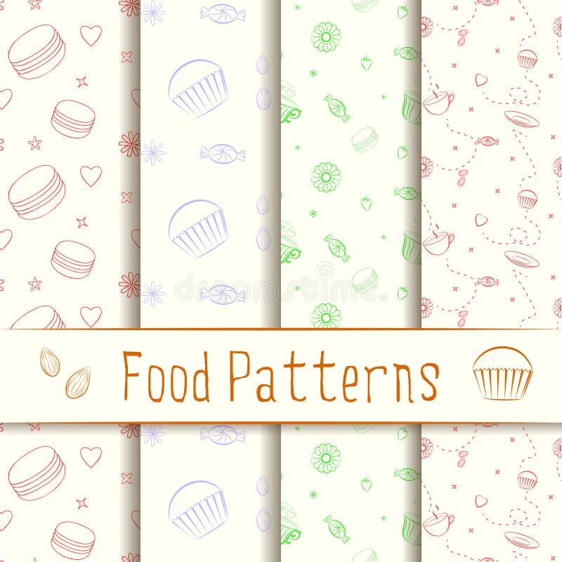 Collection of Hand Drawn Vintage Dessert Food Vector Patterns Stock ...