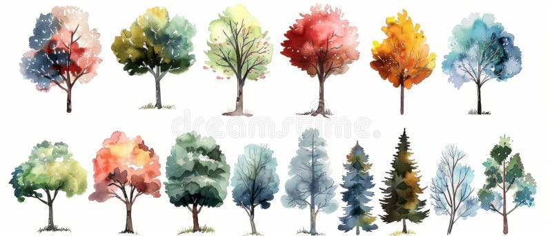 A Collection of Hand-drawn Watercolor Trees for Use in Artwork and ...
