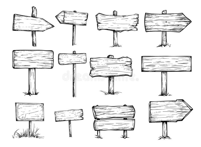 Collection of Hand-drawn Wooden Directional Signs in Various Styles ...