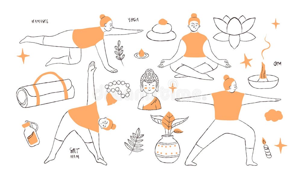 Collection of Hand-drawn Yoga Elements Stock Vector - Illustration of ...