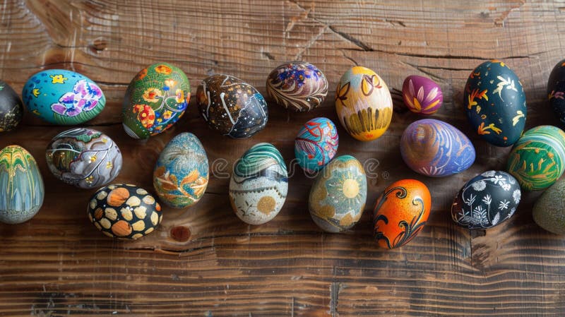 A Collection of Hand-painted Easter Eggs Displayed on a Wooden Table ...