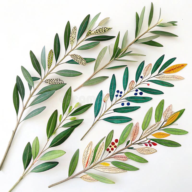 Collection of Hand-Painted Olive Branches Isolated on White Background ...