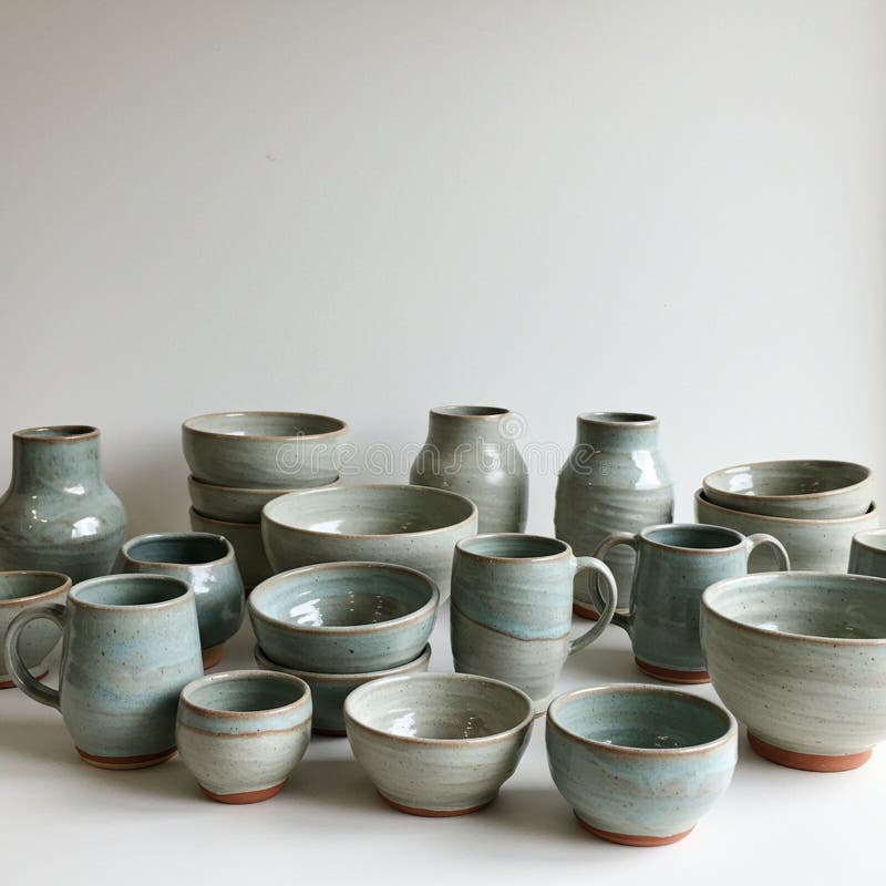 A Collection of Handcrafted Ceramic Pottery Displayed Against a Plain ...
