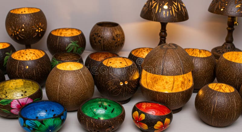 Collection of Handcrafted Coconut Shell Lamps and Lanterns Stock ...