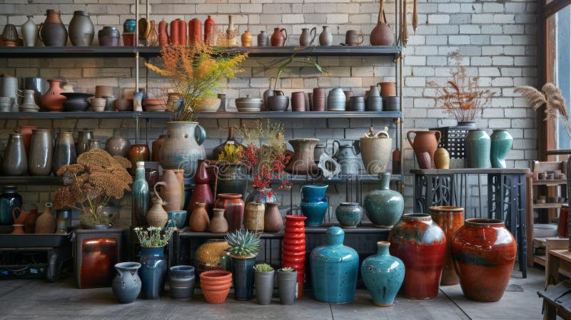 Collection of Handmade Ceramic Pottery in a Rustic Studio Stock Image ...