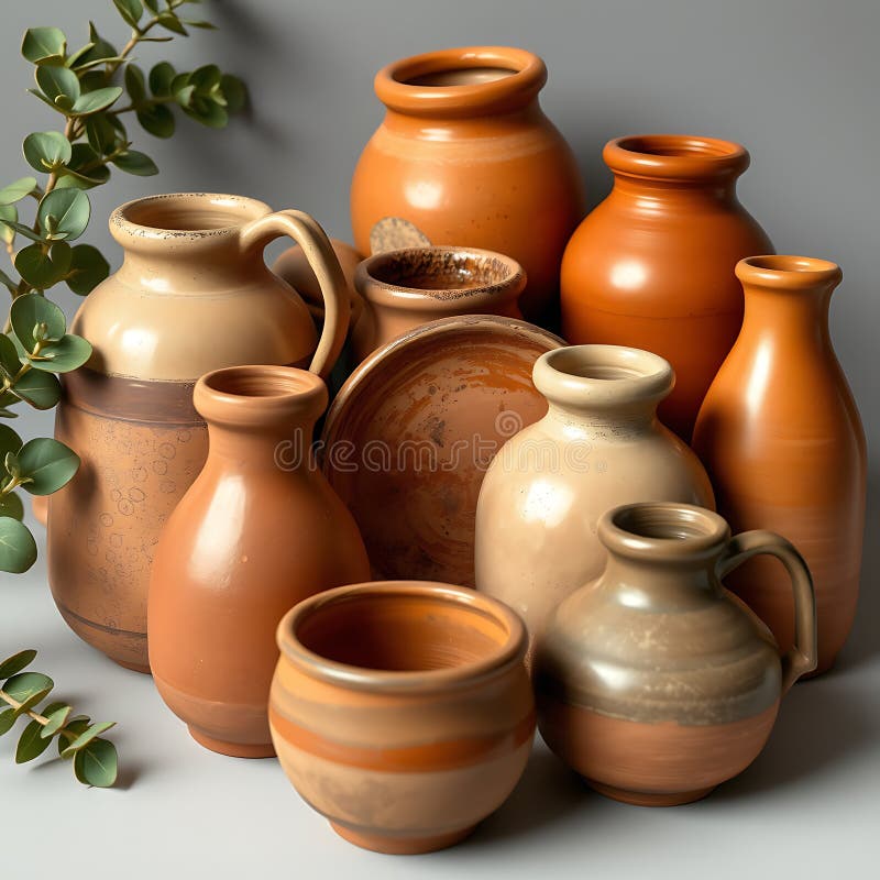 A Collection of Handmade Clay Pottery in Earthy Tones Stock ...