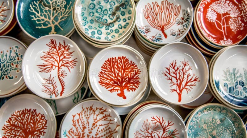 A Collection of Handpainted Ceramic Dishes with Intricate Coral Designs ...