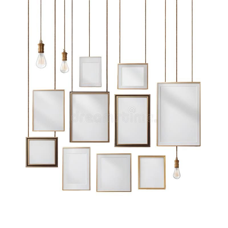Collection of Hanging Frames with Lights on a Black Background on ...