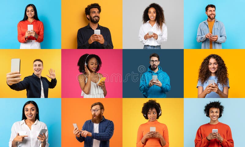Cheerful People Using Smartphones in a Vibrant Collage Stock Image ... Cheerful People Using Smartphones in a Vibrant Collage Stock Image ...
