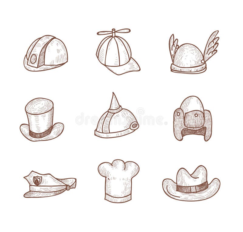 Collection Of Hats, Hand Drawn. Stock Vector - Illustration of cold ...
