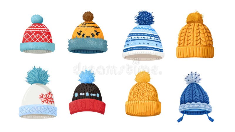 A Collection of Hats with Pom Poms on Them Stock Illustration ...