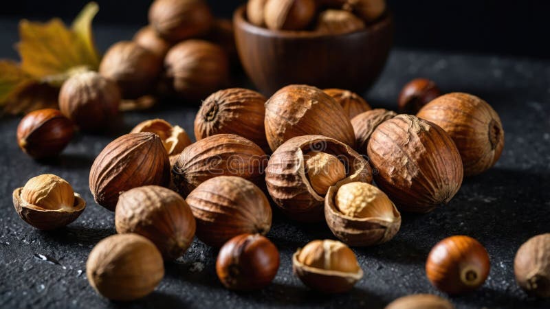 A Collection of Hazelnuts in Their Shells, Some Cracked Open, on a Dark ...