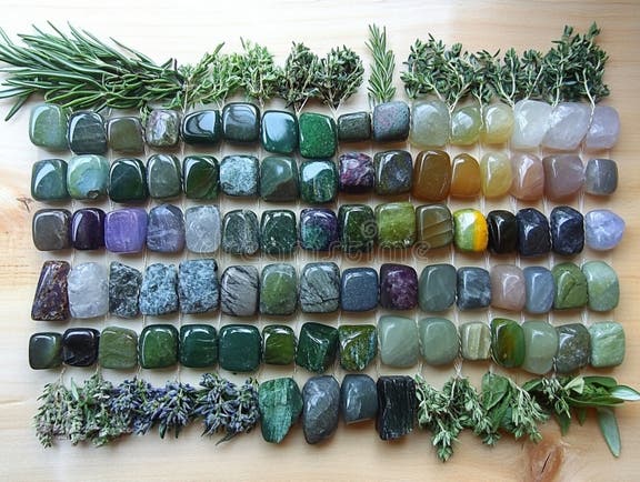 Collection of Healing Crystals Arranged in a Pattern with Fresh Herbs ...