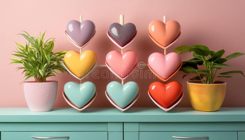 Collection of Heart Shaped and Plants in Colorful Pots Displayed on ...