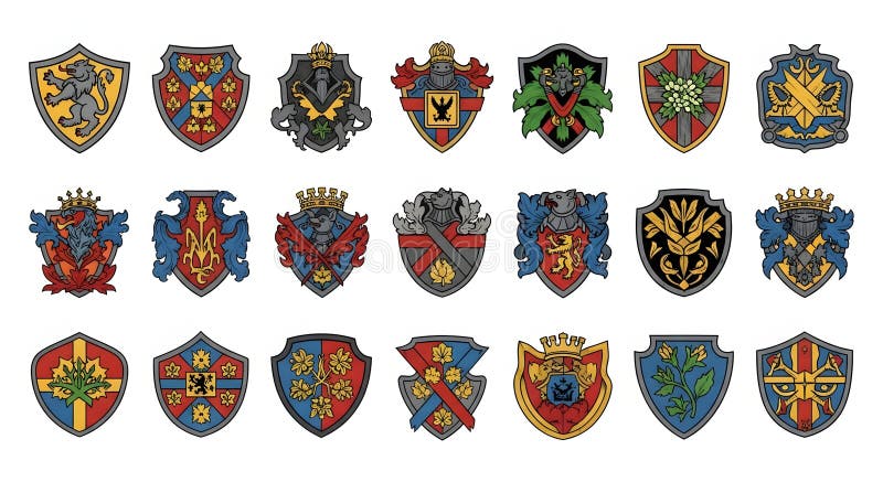 Collection of Heraldic Shields with Various Designs Stock Illustration ...