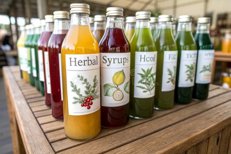 A Collection of Herbal Syrups in Labeled Bottles Stock Illustration ...
