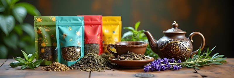 A Collection of Herbal Teas, Fresh Herbs, and a Teapot on a Rustic ...
