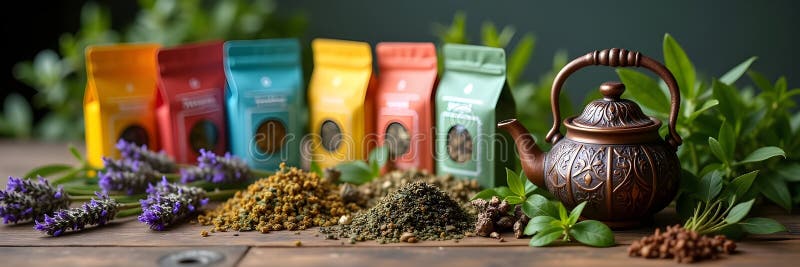 A Collection of Herbal Teas, Fresh Herbs, and a Teapot on a Rustic ...