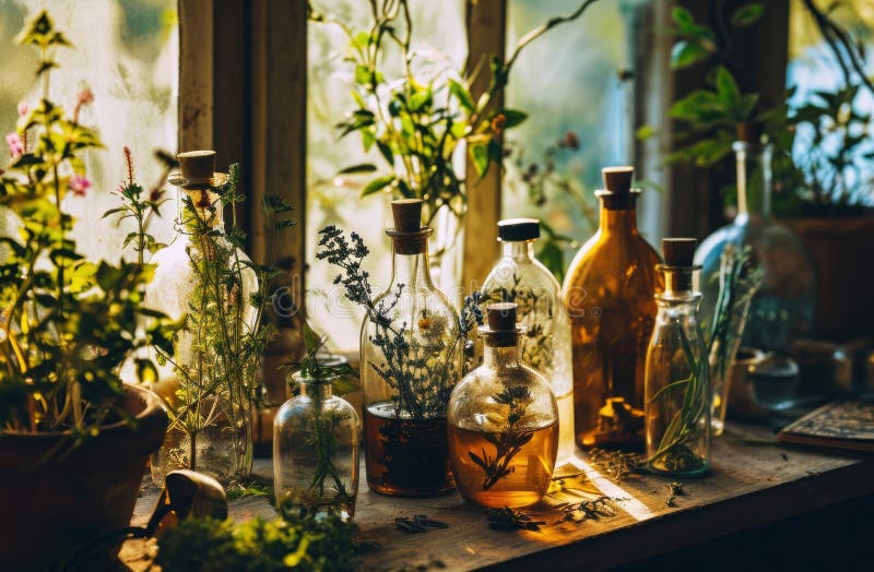 A Collection of Herbs in Bottles on the Table Stock Illustration ...