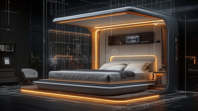 Futuristic Smart Bed with Blueprint Details Stock Illustration ...