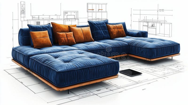 Modern Modular Sofa with Blueprint Details Stock Illustration ...