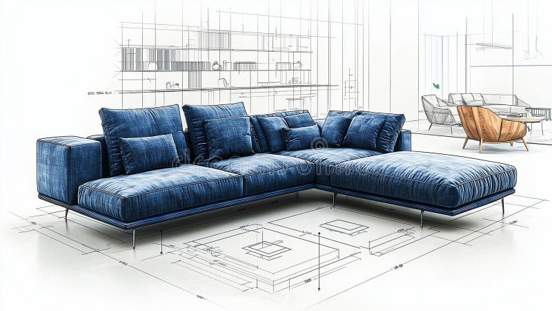 Modern Modular Sofa with Blueprint Details Stock Illustration ...