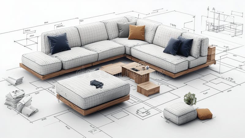Modern Modular Sofa with Blueprint Details Stock Illustration ...