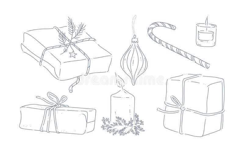 Collection of Holiday Objects Gift Boxes, Candles, Candy Cane Isolated ...