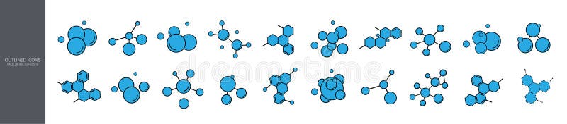 A Collection of Icons with Outlines of Molecules, Atomic Compounds in Blue on a White Background ...