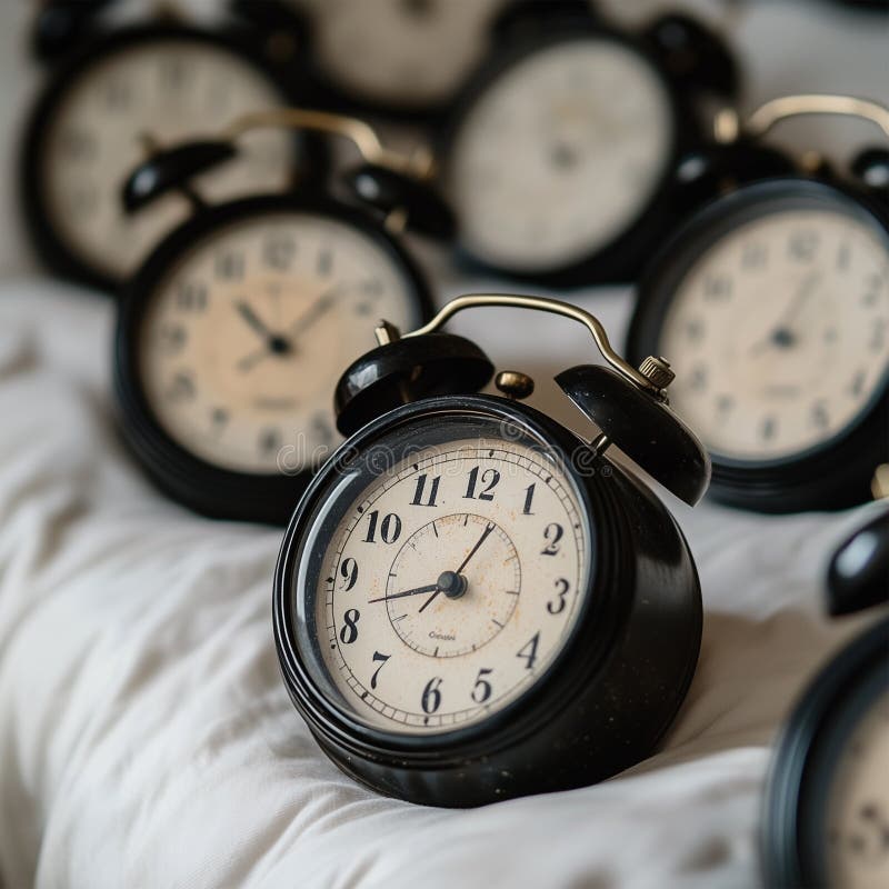 Collection of Identical Black Alarm Clocks Arranged on a Soft Surface ...