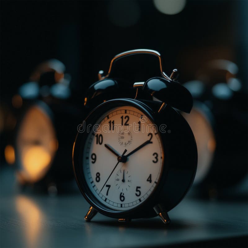 Collection of Identical Black Alarm Clocks Lined Up on a Table with Dim ...