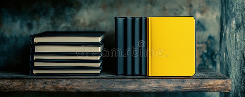 Collection of Identical Black Notebooks with a Single Yellow Notebook ...