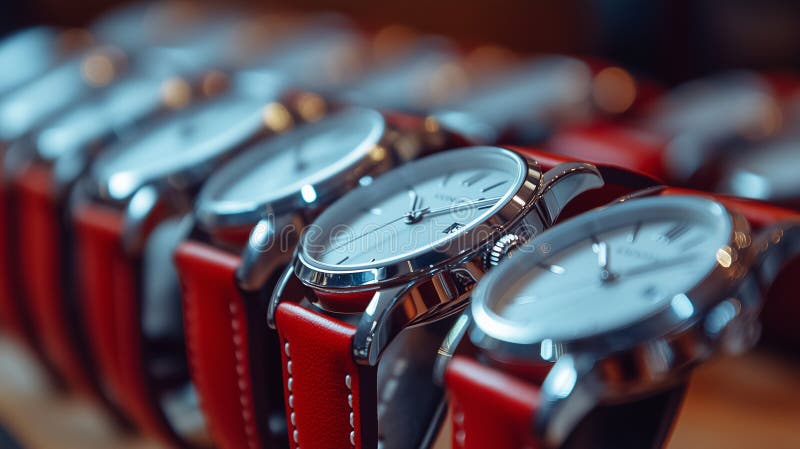Collection of Identical Silver Wristwatches with Red Straps Lined Up ...