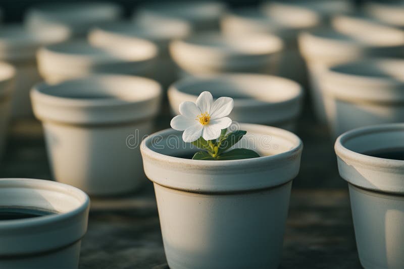Collection of Identical White Flower Pots Showcasing a Single Bloom in ...