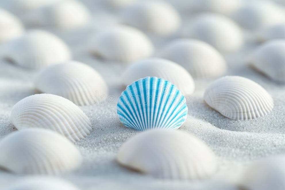 Collection of Identical White Seashells on Sandy Beach with a Unique ...