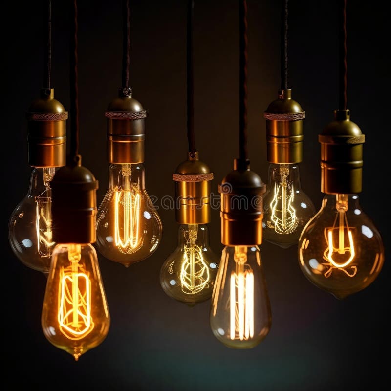 Collection of Illuminated Vintage Edison Light Bulb Closeups in a Dark ...