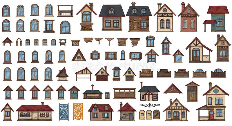 A Collection of Illustrated Architectural Elements, Featuring Various ...