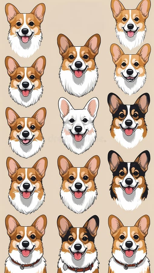 Collection of Illustrated Corgi Faces with Smiling Expressions in ...