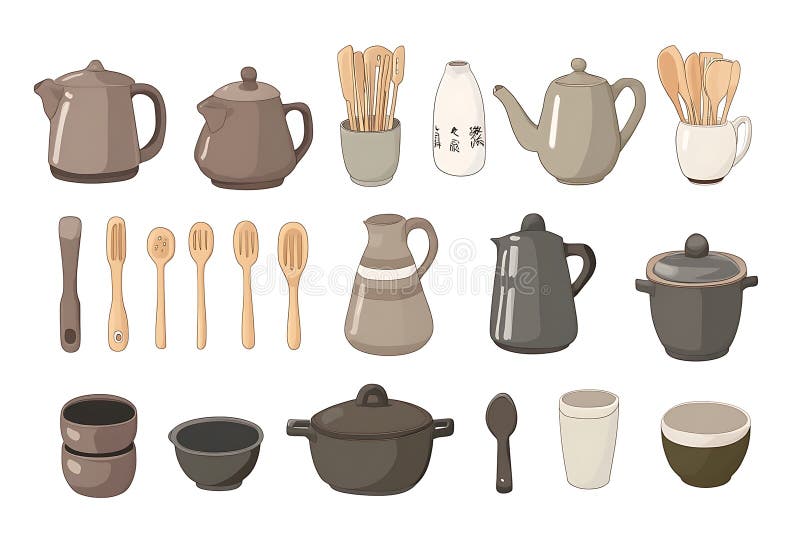 Collection of Illustrated Kitchenware Items and Utensils for Cooking ...