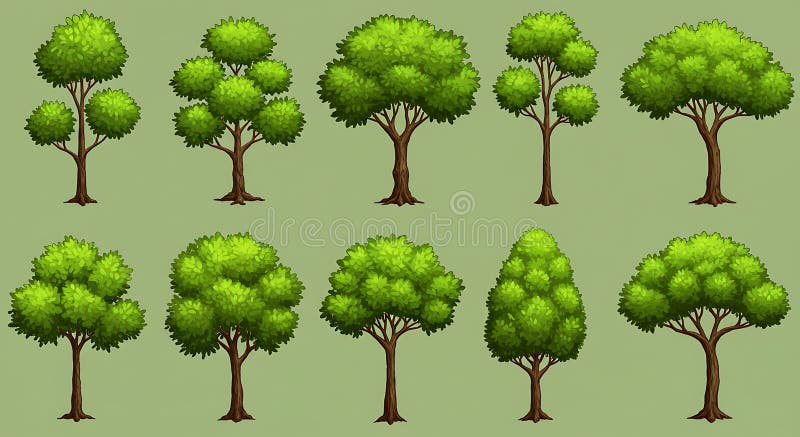 A Collection of Illustrated Trees in Two Rows, Each with Its Own Unique ...